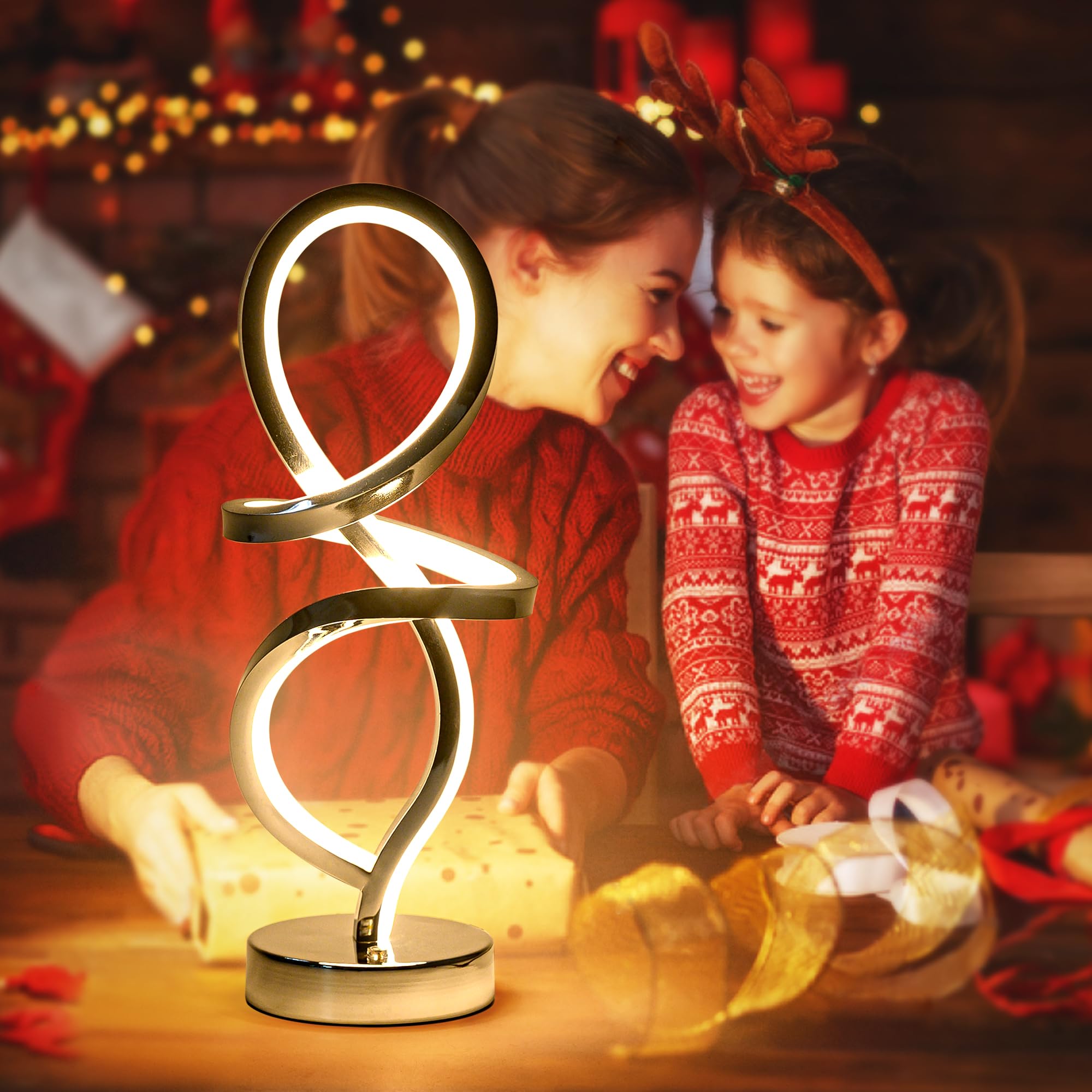 Mayful Modern Table Lamp, RGB Table Lamp，LED Spiral Lamp, Silver Bedside Lamp with 7 Colors 10 Light Modes, Touch Dimmable Nightstand Lamp for Bedroom Living Room Home Office, 15W