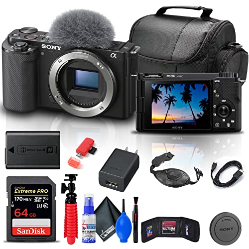 Sony ZV-E10 Mirrorless Camera (Body Only, Black) (ILCZV-E10/B) + 64GB Memory Card + Bag + Card Reader + HDMI Cable + Flex Tripod + Hand Strap + Memory Wallet + Cleaning Kit (Renewed)