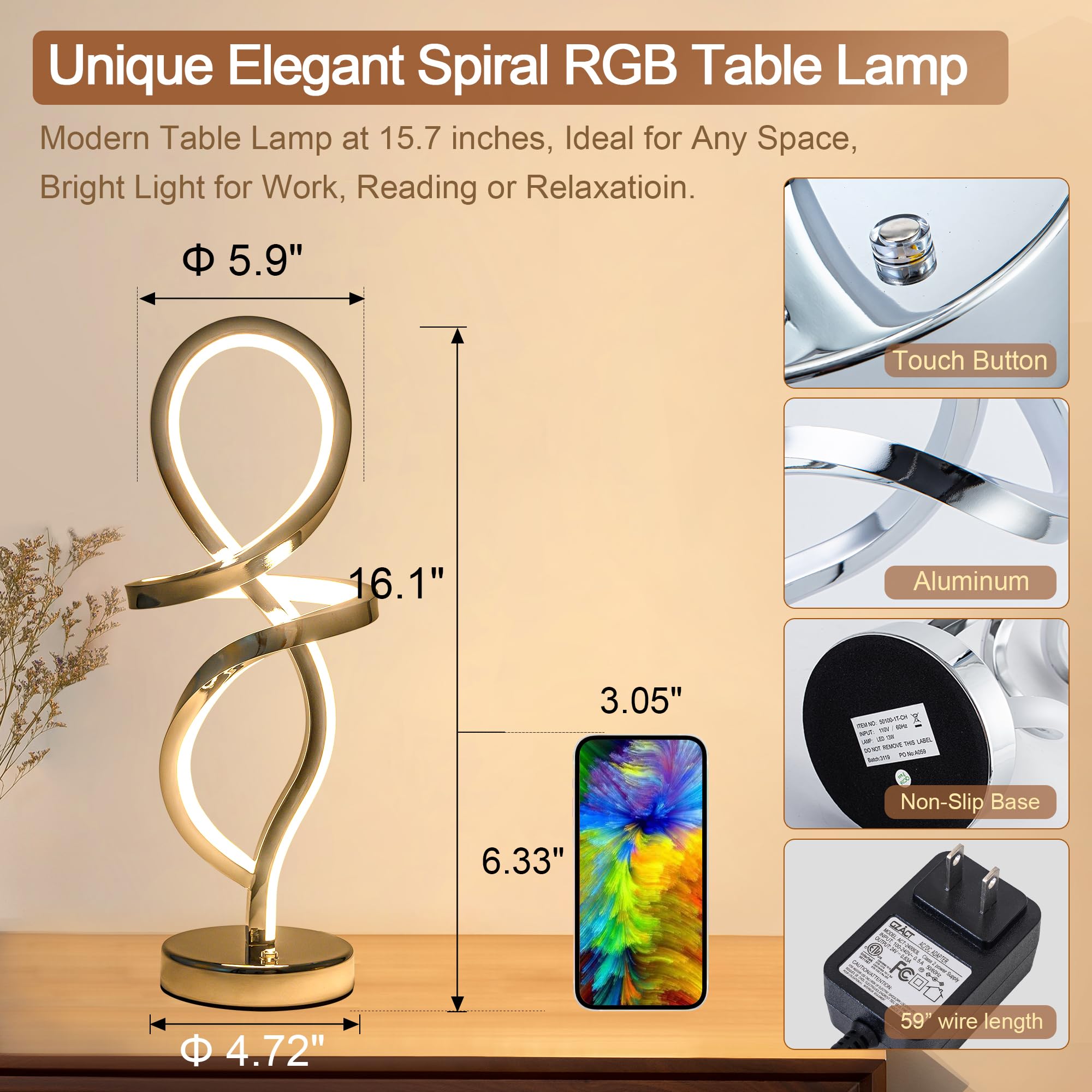 Mayful Modern Table Lamp, RGB Table Lamp，LED Spiral Lamp, Silver Bedside Lamp with 7 Colors 10 Light Modes, Touch Dimmable Nightstand Lamp for Bedroom Living Room Home Office, 15W