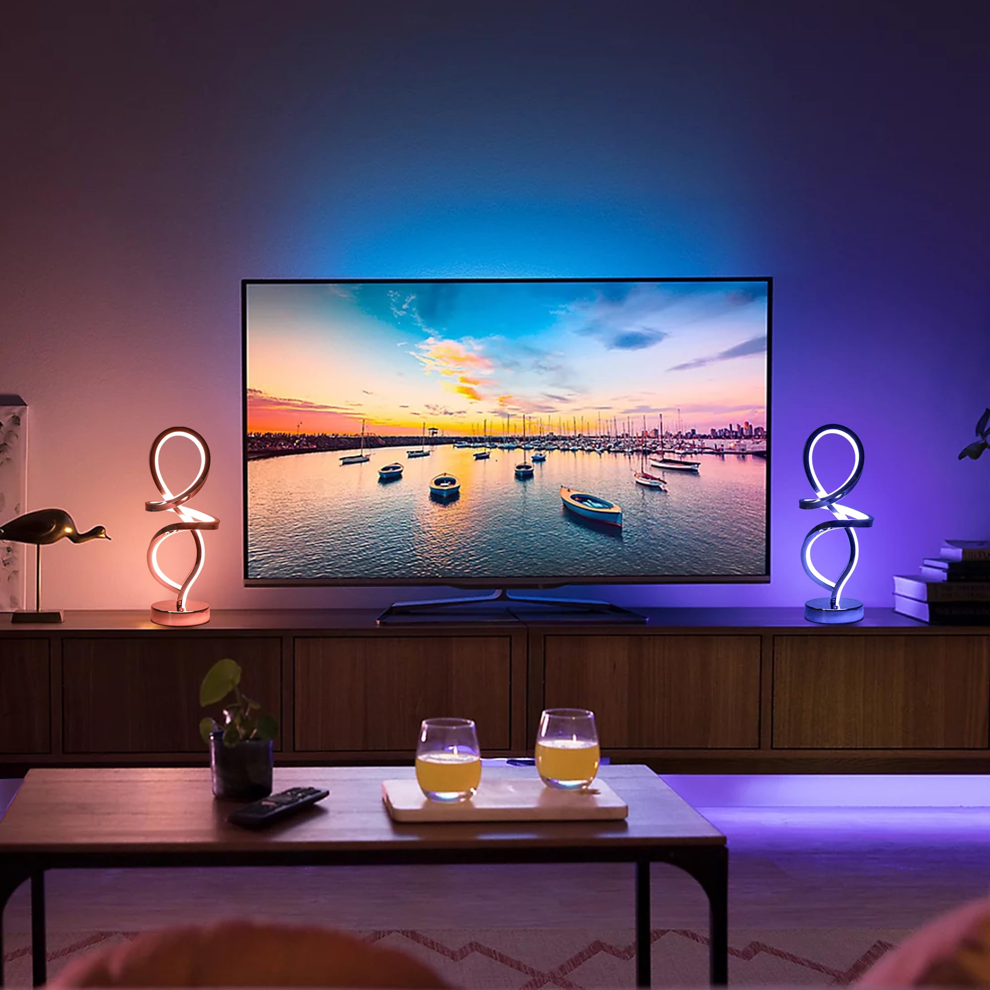 Mayful Modern Table Lamp, RGB Table Lamp，LED Spiral Lamp, Silver Bedside Lamp with 7 Colors 10 Light Modes, Touch Dimmable Nightstand Lamp for Bedroom Living Room Home Office, 15W