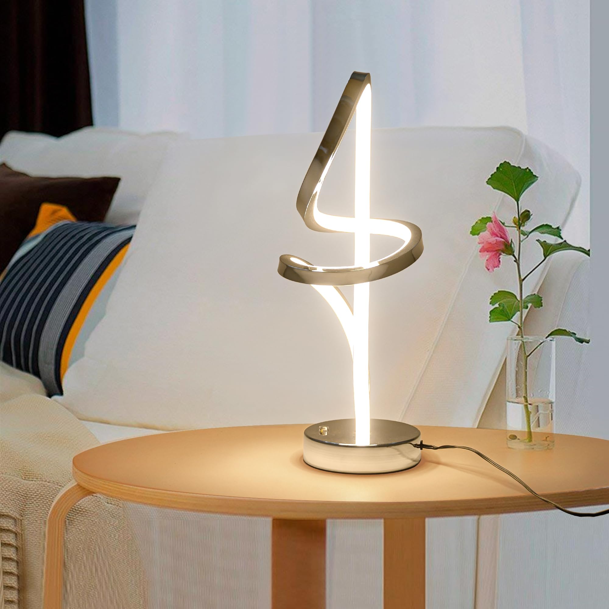 Mayful Modern Table Lamp, RGB Table Lamp，LED Spiral Lamp, Silver Bedside Lamp with 7 Colors 10 Light Modes, Touch Dimmable Nightstand Lamp for Bedroom Living Room Home Office, 15W