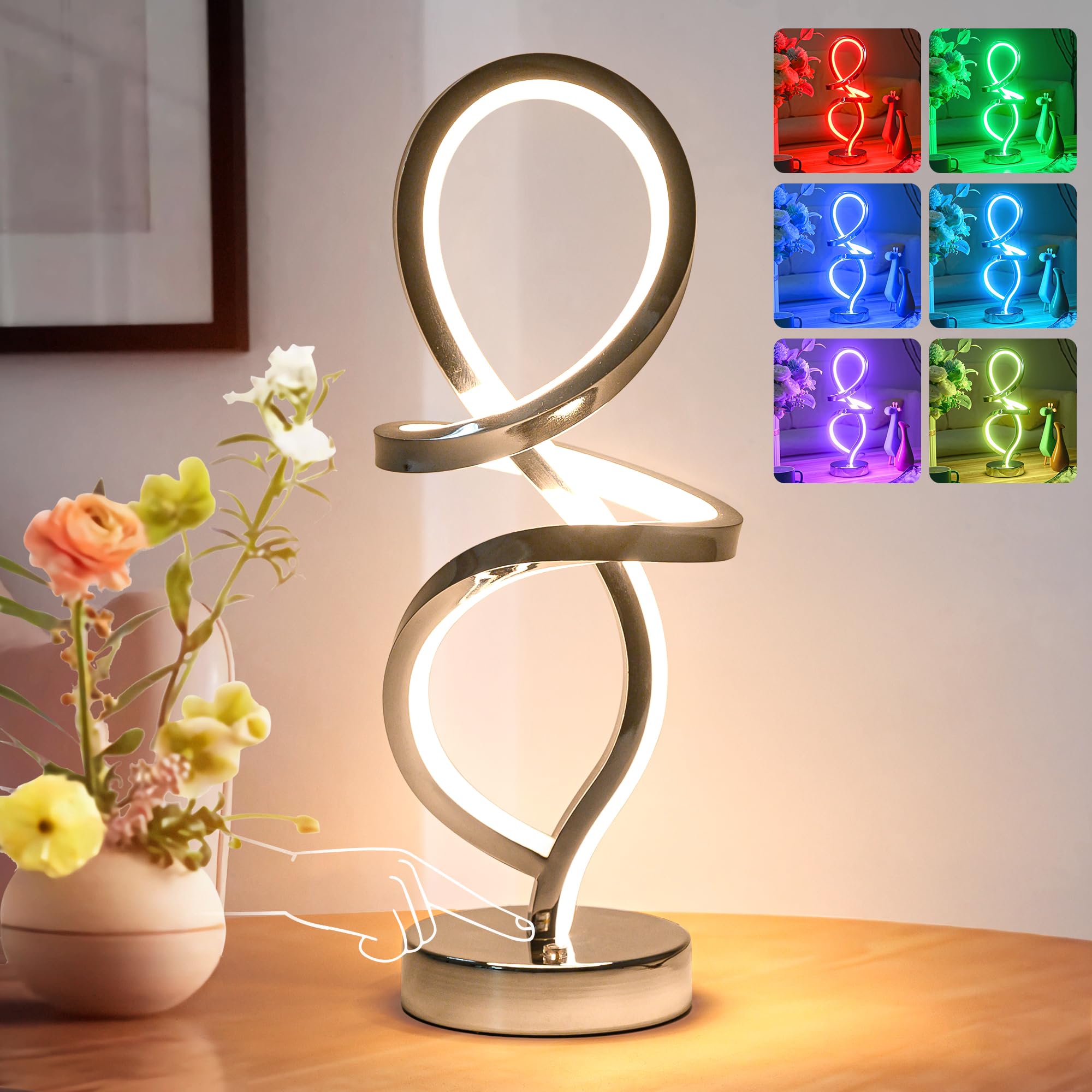 Mayful Modern Table Lamp, RGB Table Lamp,LED Spiral Lamp, Silver Bedside Lamp with 7 Colors 10 Light Modes, Touch Dimmable Nightstand Lamp for Bedroom Living Room Home Office, 15W