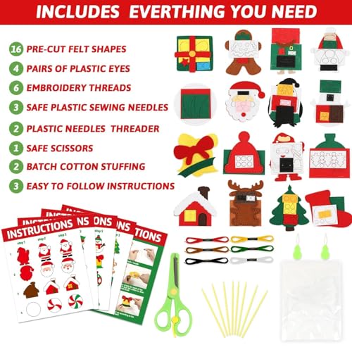 16 Sets Merry Christmas DIY Stuffed Craft Kit Christmas Sewing Kit Xmas Tree DIY Sewing Set for Beginners Snowman Educational Gift Set for Boys and Girls Xmas Felt Ornaments Decorations for kids