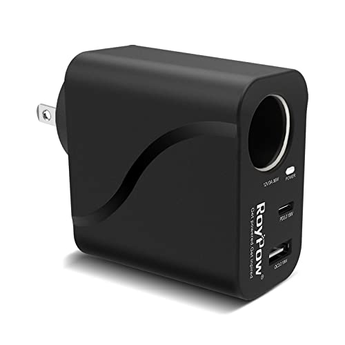 RoyPow 36W USB C Charger with Car Cigarette Lighter Socket, 3-Ports Wall Charger 18W PD3.0 Travel Plug 110V/120V to 12V/3A AC to DC Converter Power Adapter for iPhone, Galaxy, Pixel, iPad