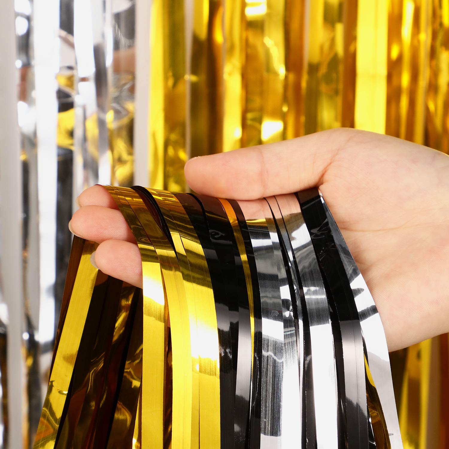Sumind 3 Pack Metallic Tinsel Curtains, Foil Fringe Shimmer Curtain Door Window Decoration for Birthday Wedding Party (Gold, Silver with Black)