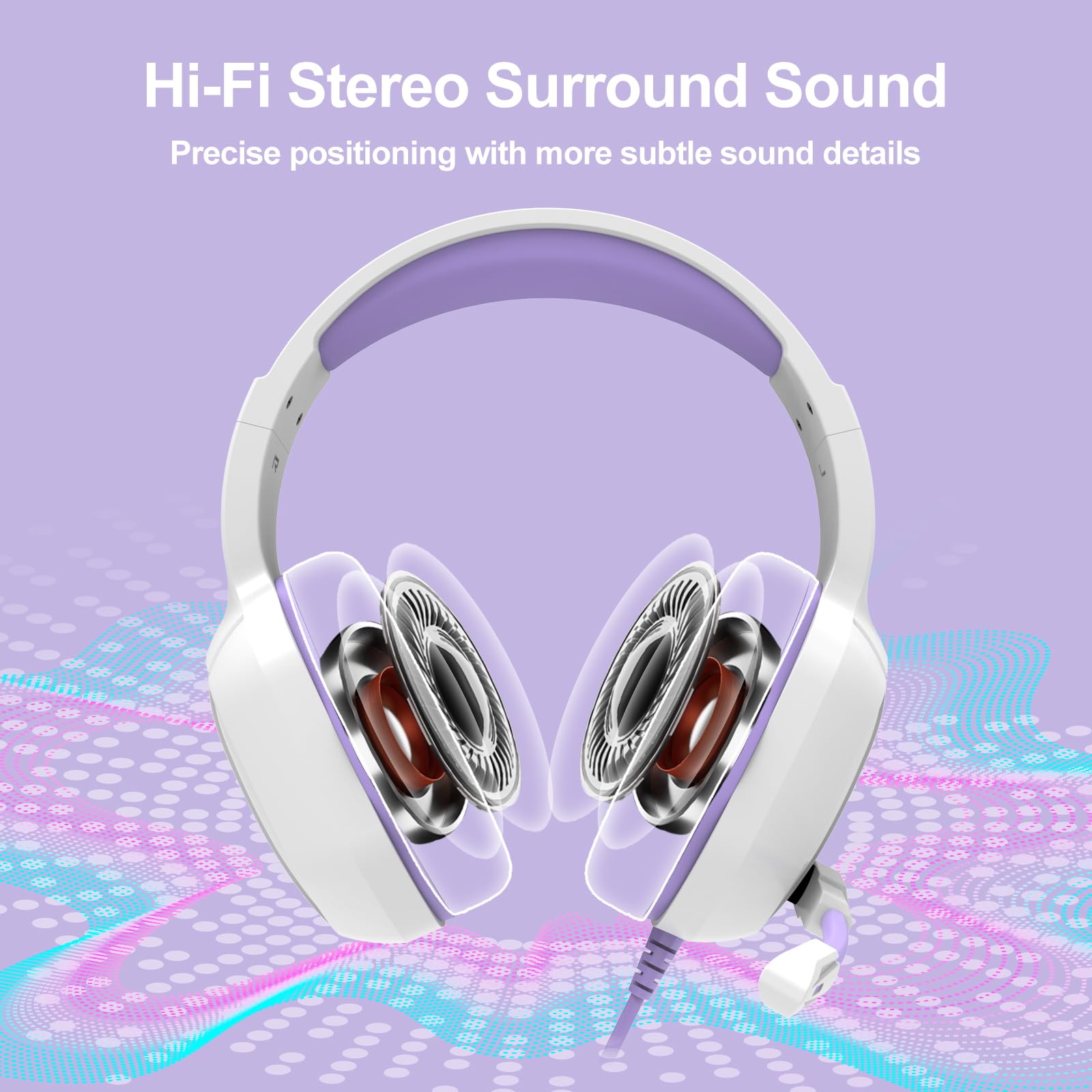 Gaming Headset with Microphone for Pc, Xbox One Series X/s, Ps4, Ps5, Switch, Stereo Wired Noise Cancelling Over-Ear Headphones with Mic, RGB, for Computer, Laptop, Mac, Nintendo, Gamer (Purple)