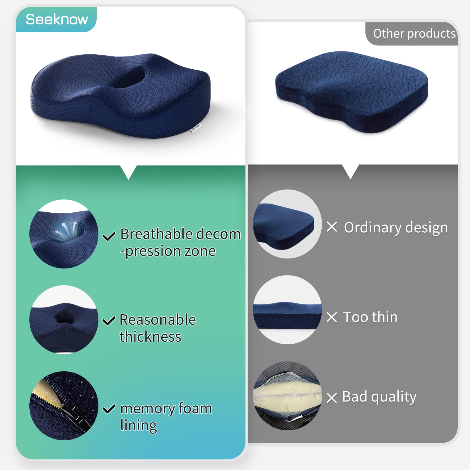 Memory Foam Seat Cushions Office Chair Seat Cushion for Tailbone Pain Relief Sciatica Pain Relief Pillow Hemorrhoid Pillow -Coccyx, Butt, Tailbone, Back, Coccyx, Sciatica, Car, Wheelchair Chair Pads