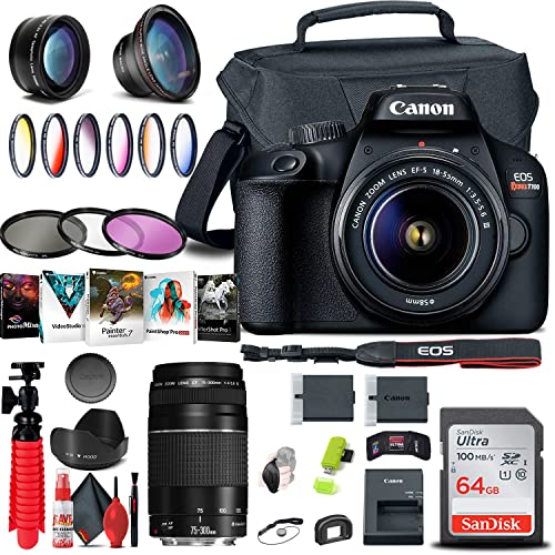 Canon EOS Rebel T100 / 4000D DSLR Camera with 18-55mm Lens + Canon EF 75-300mm Lens + 64GB Memory Card + Color Filter Kit + Case + Corel Photo Software + LPE10 Battery + More (Renewed)