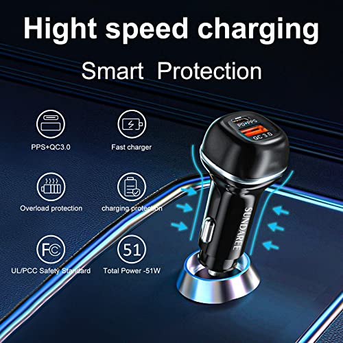 USB C Car Charger Adapter,SUNDAREE 51W Car Charger Fast Charging, PD PPS QC3.0 Fast USB Car Charger Adapter Compatible with iPhone 14 13 12 Pro Max XS, Samsung S22/21/10, Note20/10