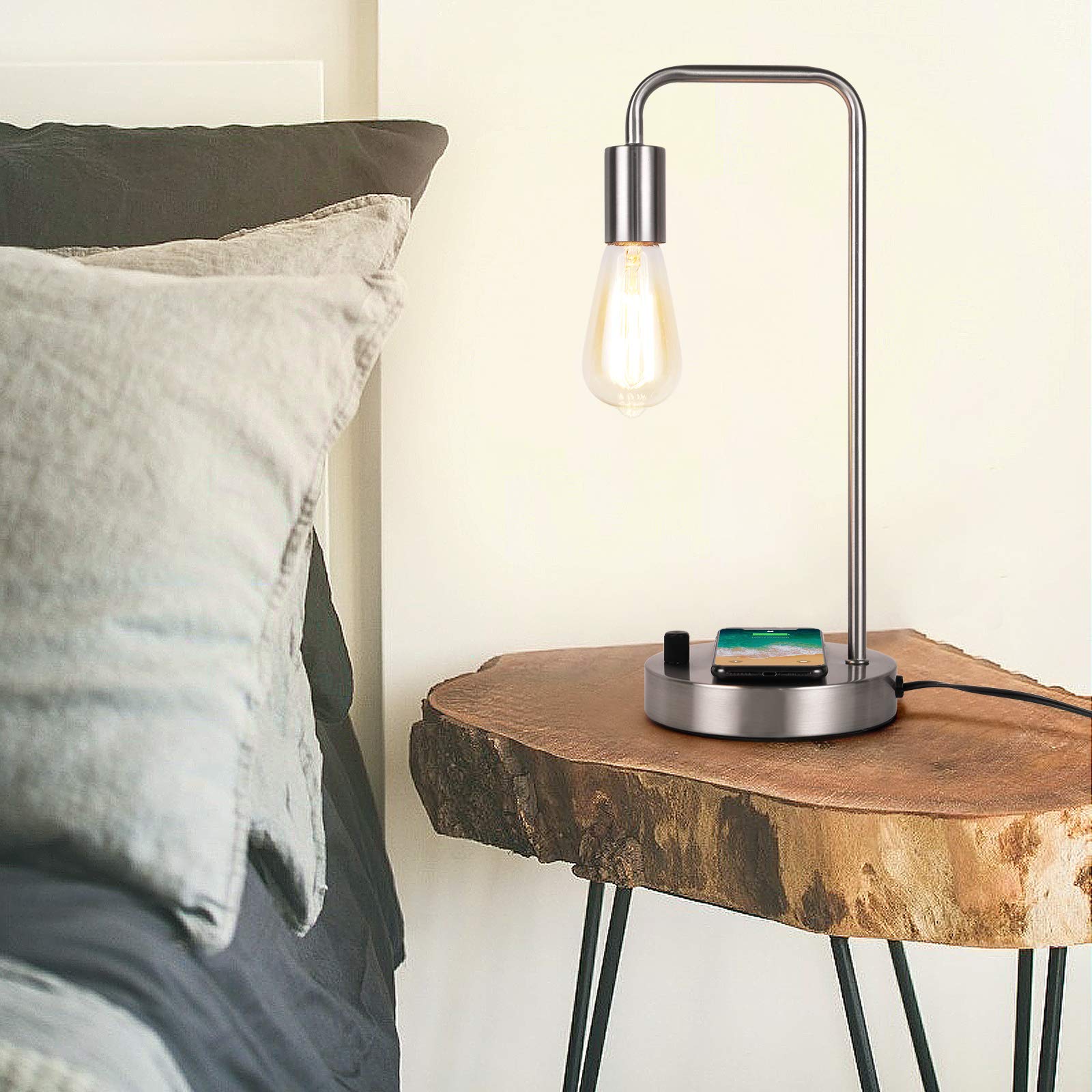 JS NOVA JUNS Wireless Charging Desk Lamp β Table Lamp with USB Port and Wireless Charging Pad, Bedside Lamp for Office Bedroom Living Room College Dorm