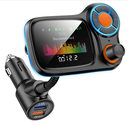 Bluetooth 5.0 FM Transmitter for Car, Aigital Car Bluetooth Adapter with 1.77 Inch Color Screen, QC3.0 Quick Charging &2.4 A USB Port, Wireless Radio Adapter Handsfree Car Kits, TF Card&U Disk
