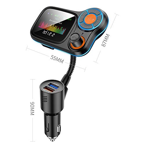 Bluetooth 5.0 FM Transmitter for Car, Aigital Car Bluetooth Adapter with 1.77 Inch Color Screen, QC3.0 Quick Charging &2.4 A USB Port, Wireless Radio Adapter Handsfree Car Kits, TF Card&U Disk