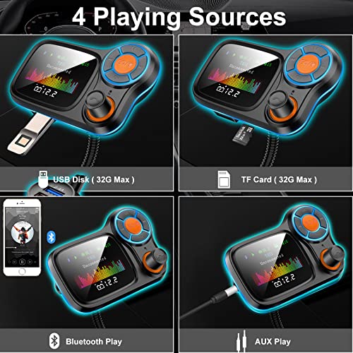 Bluetooth 5.0 FM Transmitter for Car, Aigital Car Bluetooth Adapter with 1.77 Inch Color Screen, QC3.0 Quick Charging &2.4 A USB Port, Wireless Radio Adapter Handsfree Car Kits, TF Card&U Disk