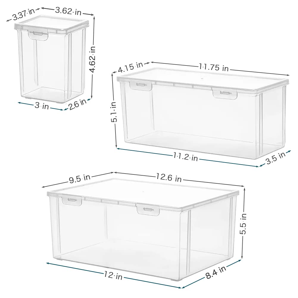EZOWare 9 Pieces Clear Plastic Flip Top Latching Storage Box Container, Stackable Hinged Organization Bins With Latch Lid For Craft Room, Small Hobby - 3 Sizes