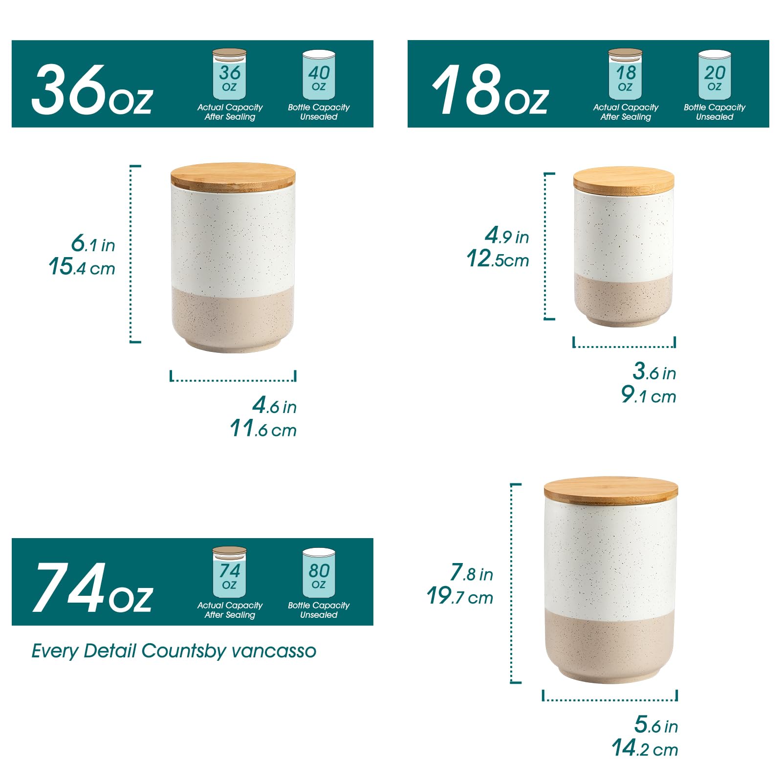 vancasso Sabine Canister Sets for Kitchen Counter, Ceramic Food Storage Jars with Airtight Wood Lids, Large Kitchen Canisters for Coffee, Sugar, Tea, Flour, Spice (Set of 3)
