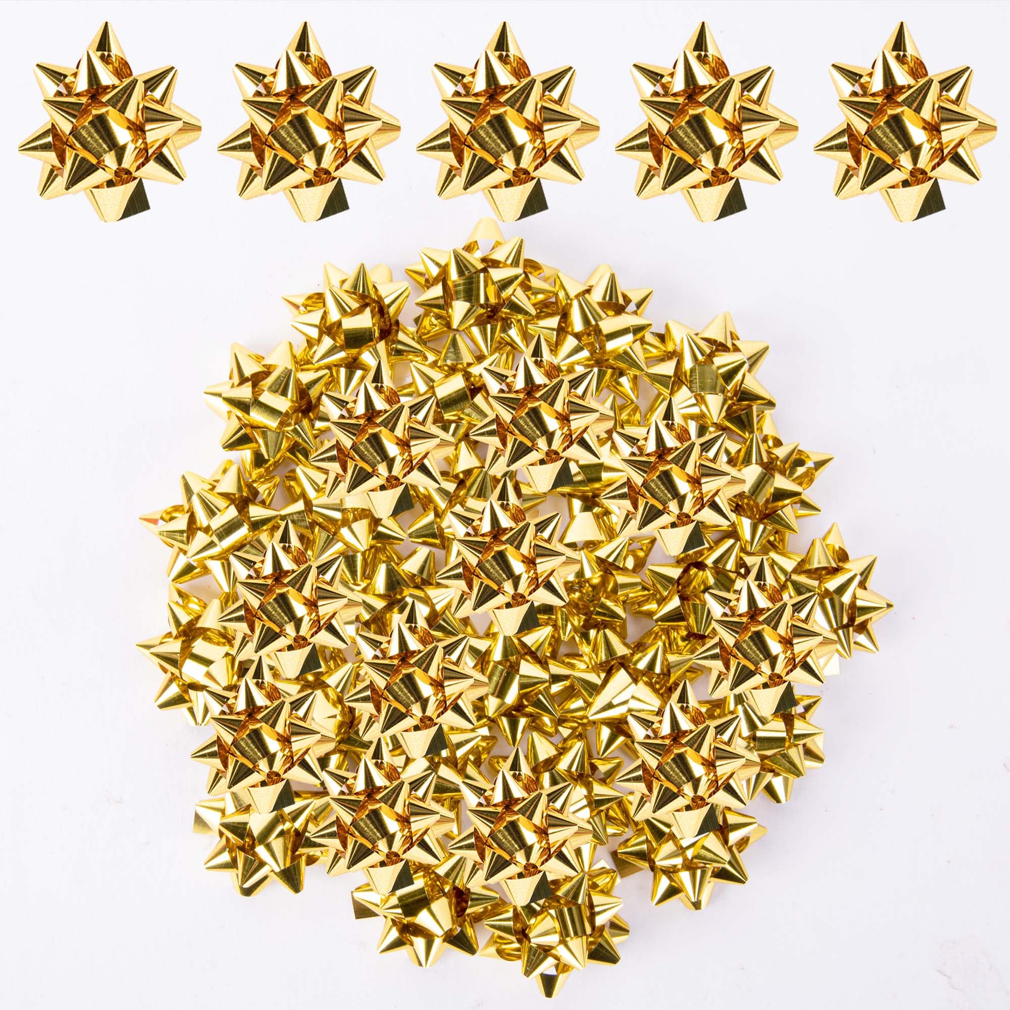 Iceyyyy 100Pcs Mini Christmas Bows - 1Inch Metallic Star Mini Gift Bow Mini Christmas Valentine's Day Self Adhesive Bows for Gifts Wrapping Holiday Presents (Gold)