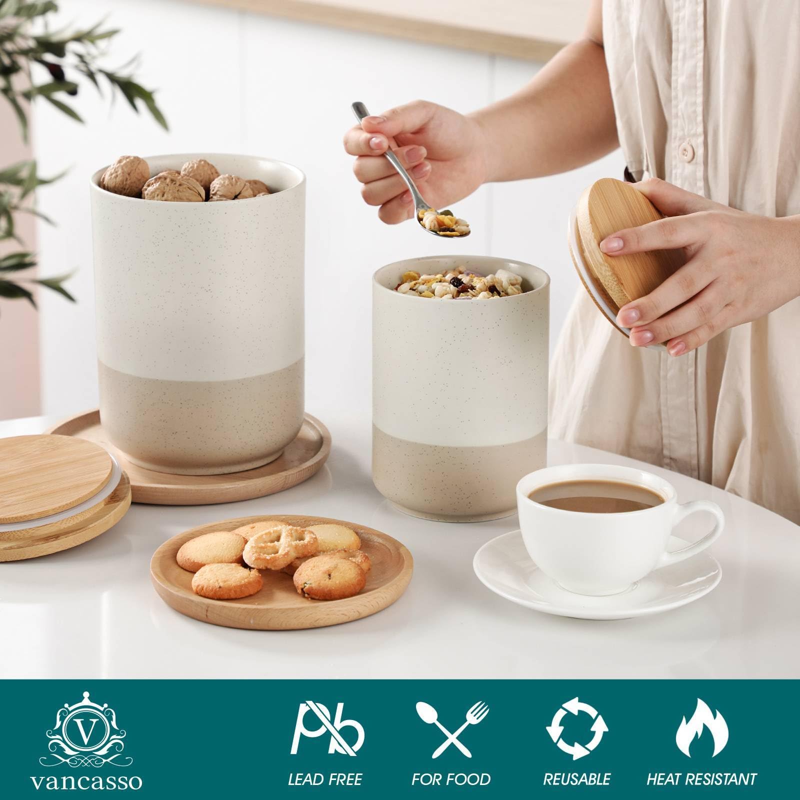 vancasso Sabine Canister Sets for Kitchen Counter, Ceramic Food Storage Jars with Airtight Wood Lids, Large Kitchen Canisters for Coffee, Sugar, Tea, Flour, Spice (Set of 3)