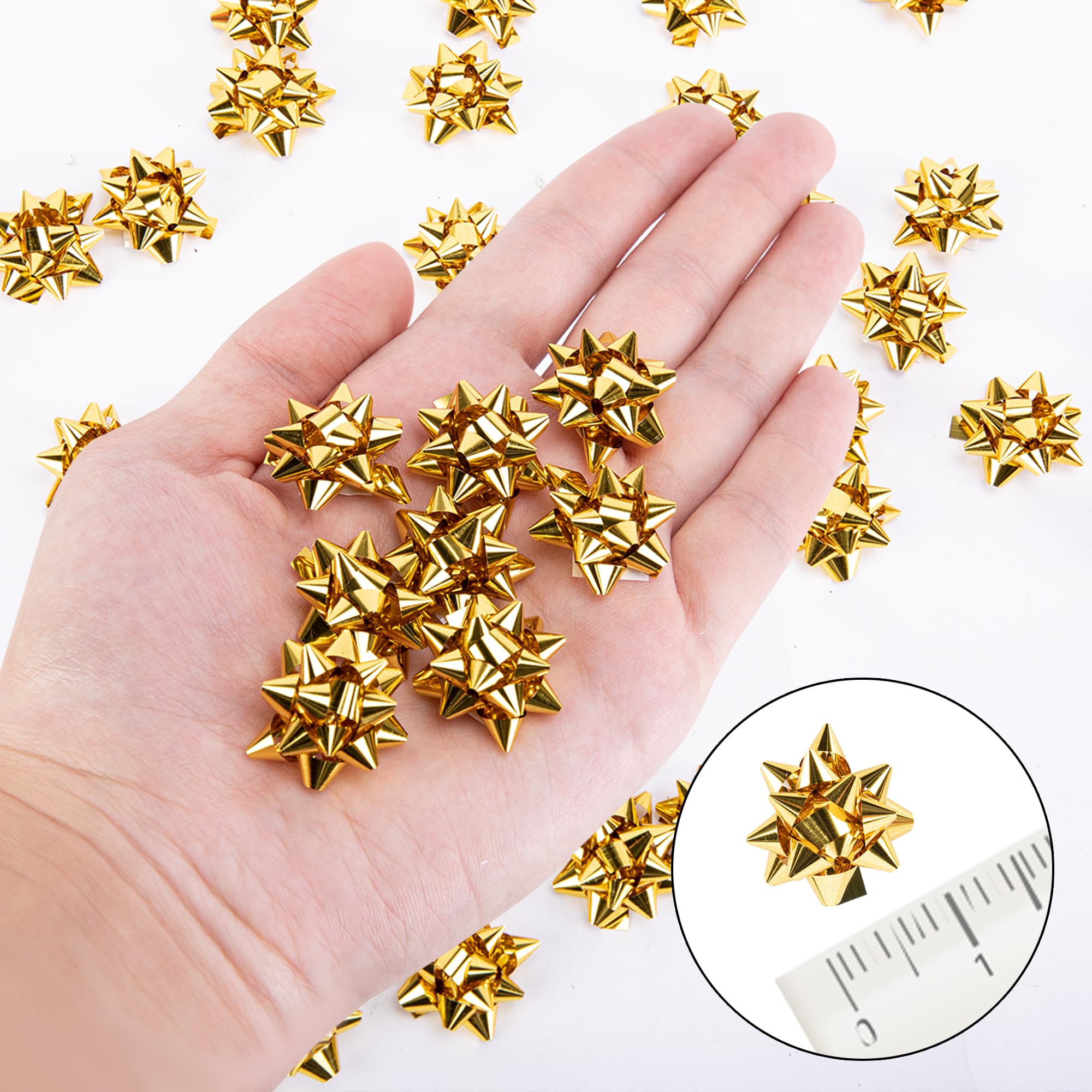 Iceyyyy 100Pcs Mini Christmas Bows - 1Inch Metallic Star Mini Gift Bow Mini Christmas Valentine's Day Self Adhesive Bows for Gifts Wrapping Holiday Presents (Gold)