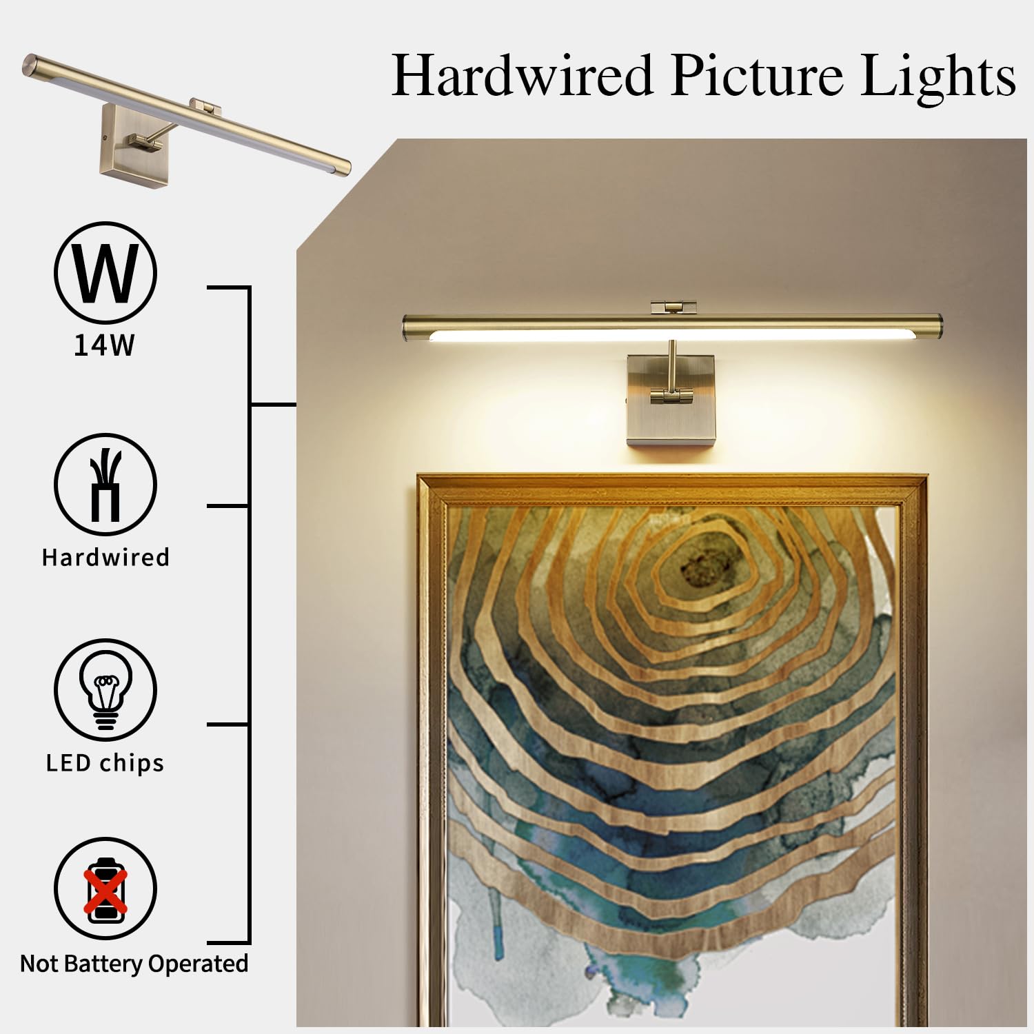 Joosenhouse Modern LED Picture Lights 24.4 inch, Antique Bronze Metal Artwork Display Lamp with Rotatable Sconces Lamp Head, 14W (70W Eqv.), Hardwired Connection, 3000K Warm White 840Lm…
