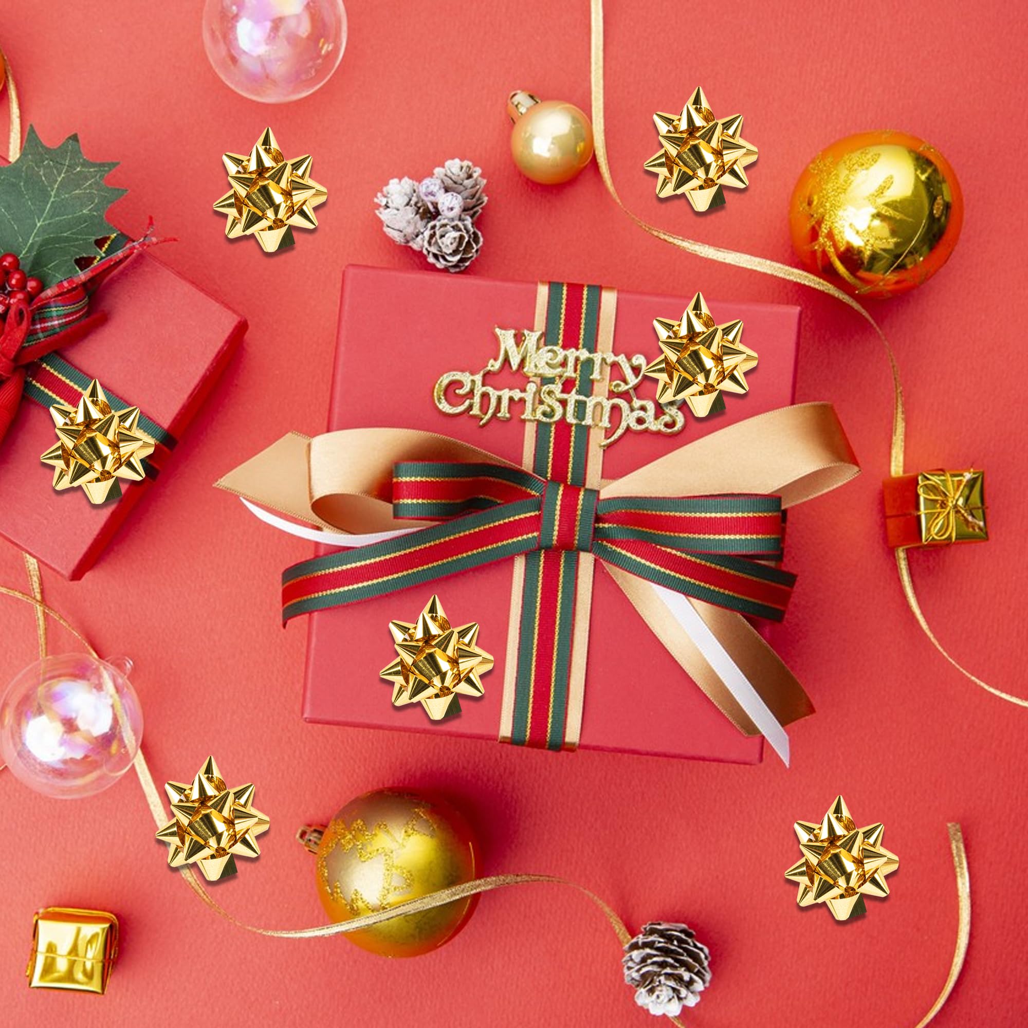 Iceyyyy 100Pcs Mini Christmas Bows - 1Inch Metallic Star Mini Gift Bow Mini Christmas Valentine's Day Self Adhesive Bows for Gifts Wrapping Holiday Presents (Gold)