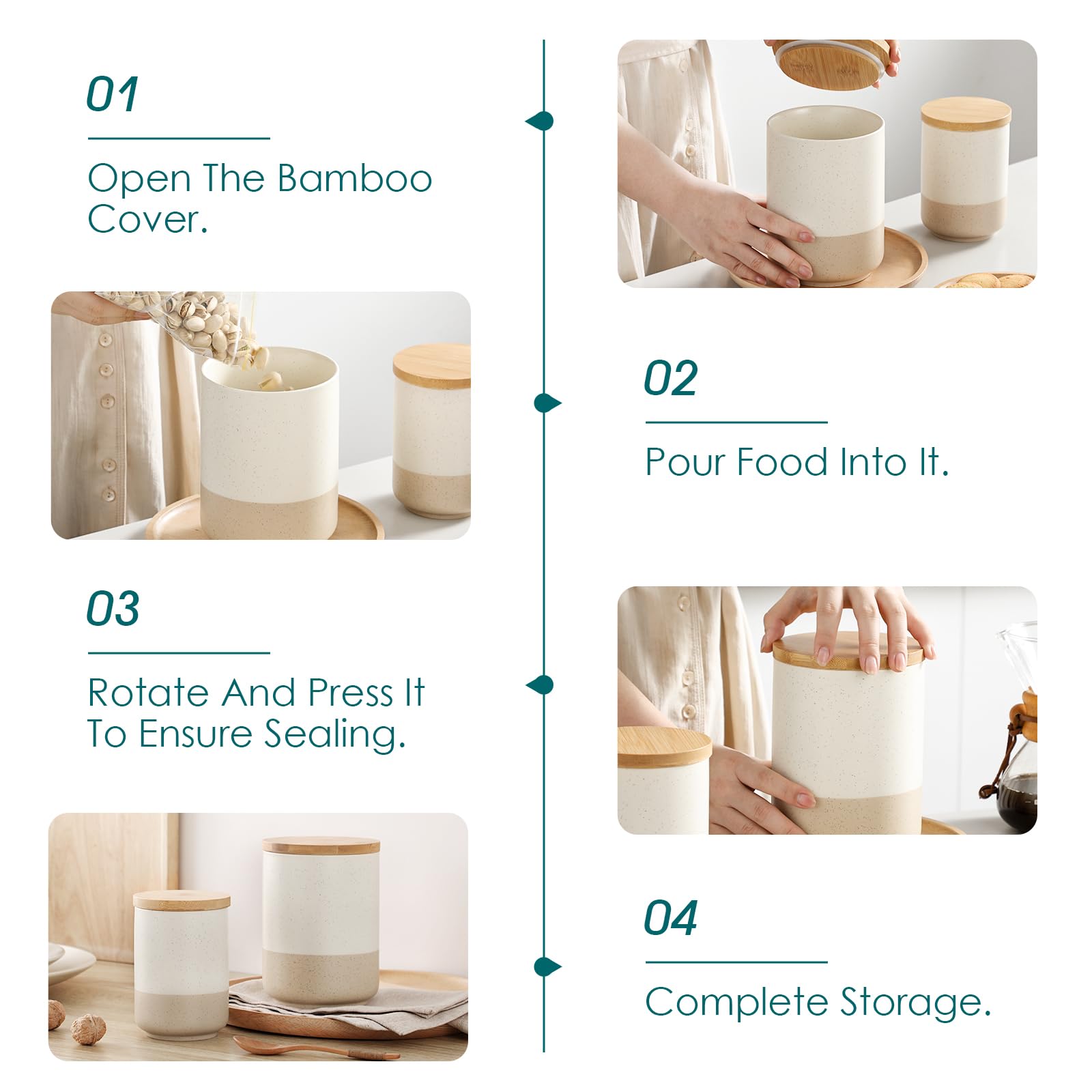 vancasso Sabine Canister Sets for Kitchen Counter, Ceramic Food Storage Jars with Airtight Wood Lids, Large Kitchen Canisters for Coffee, Sugar, Tea, Flour, Spice (Set of 3)