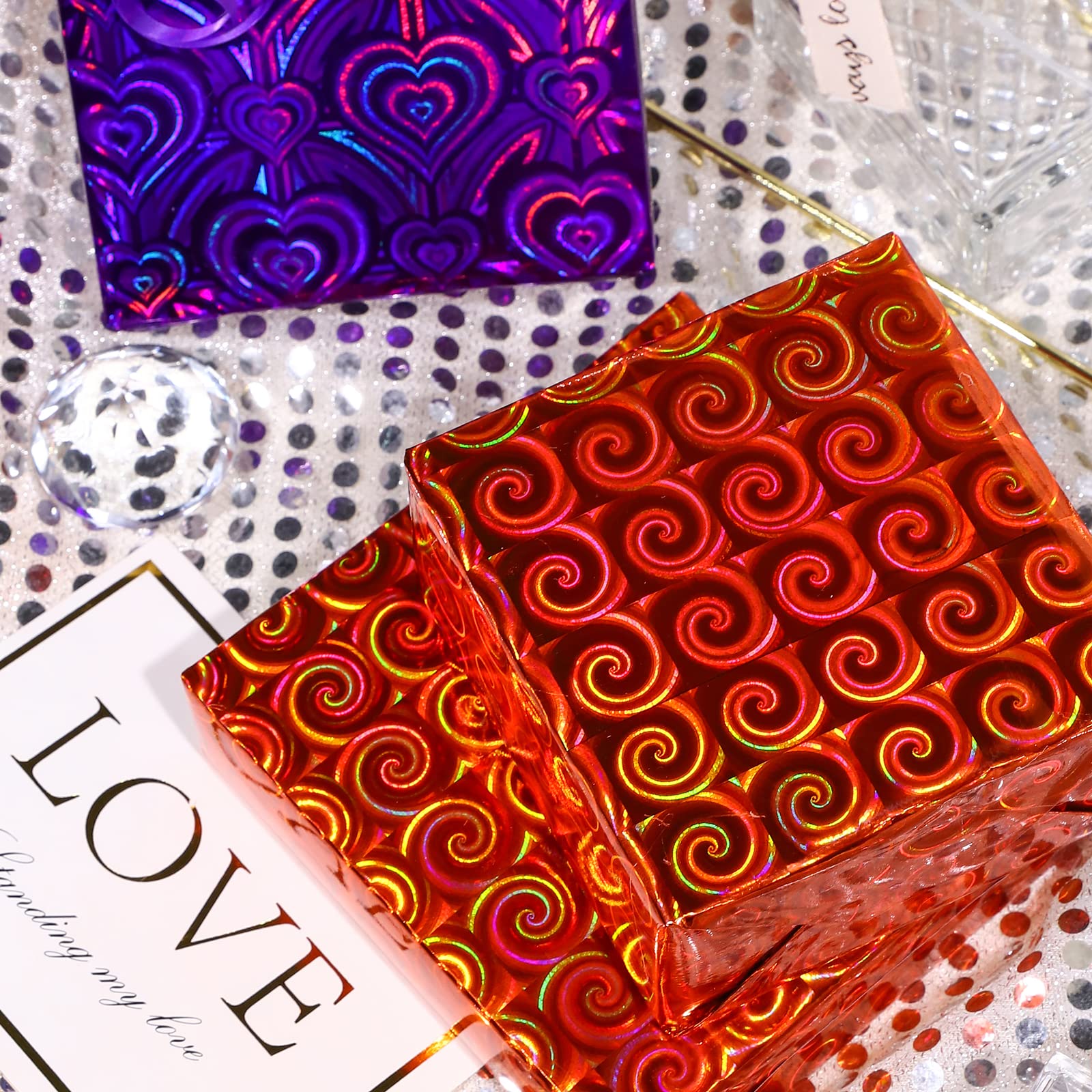 LeZakaa Holographic Wrapping Paper Roll - Mini Roll - Purple Heart/Orange Spiricle/Black Wavy Stripe for Valentine's Day, Birthday, Holiday - 17 x 120 inches - 3 Rolls (42.5 sq.ft.ttl.)