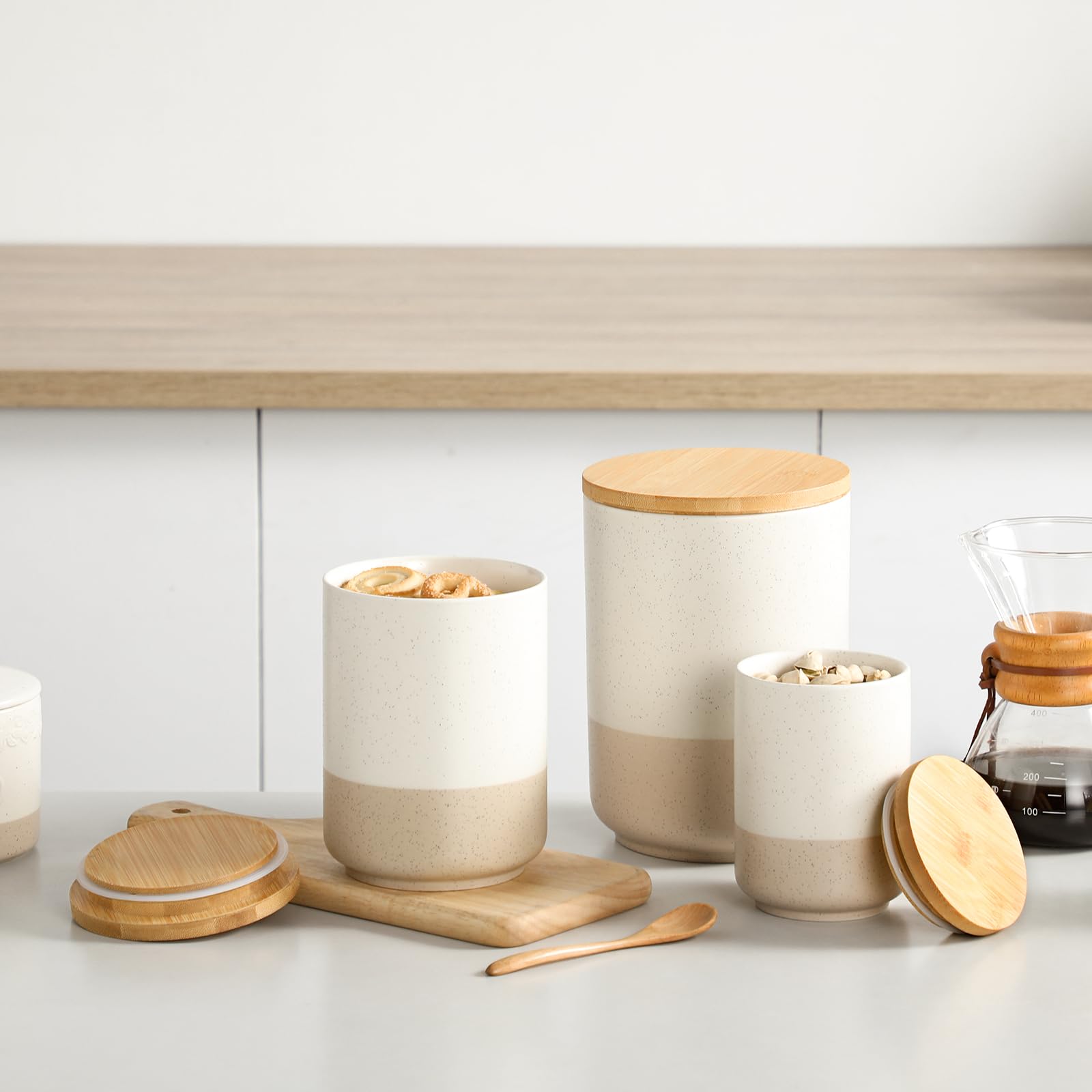 vancasso Sabine Canister Sets for Kitchen Counter, Ceramic Food Storage Jars with Airtight Wood Lids, Large Kitchen Canisters for Coffee, Sugar, Tea, Flour, Spice (Set of 3)