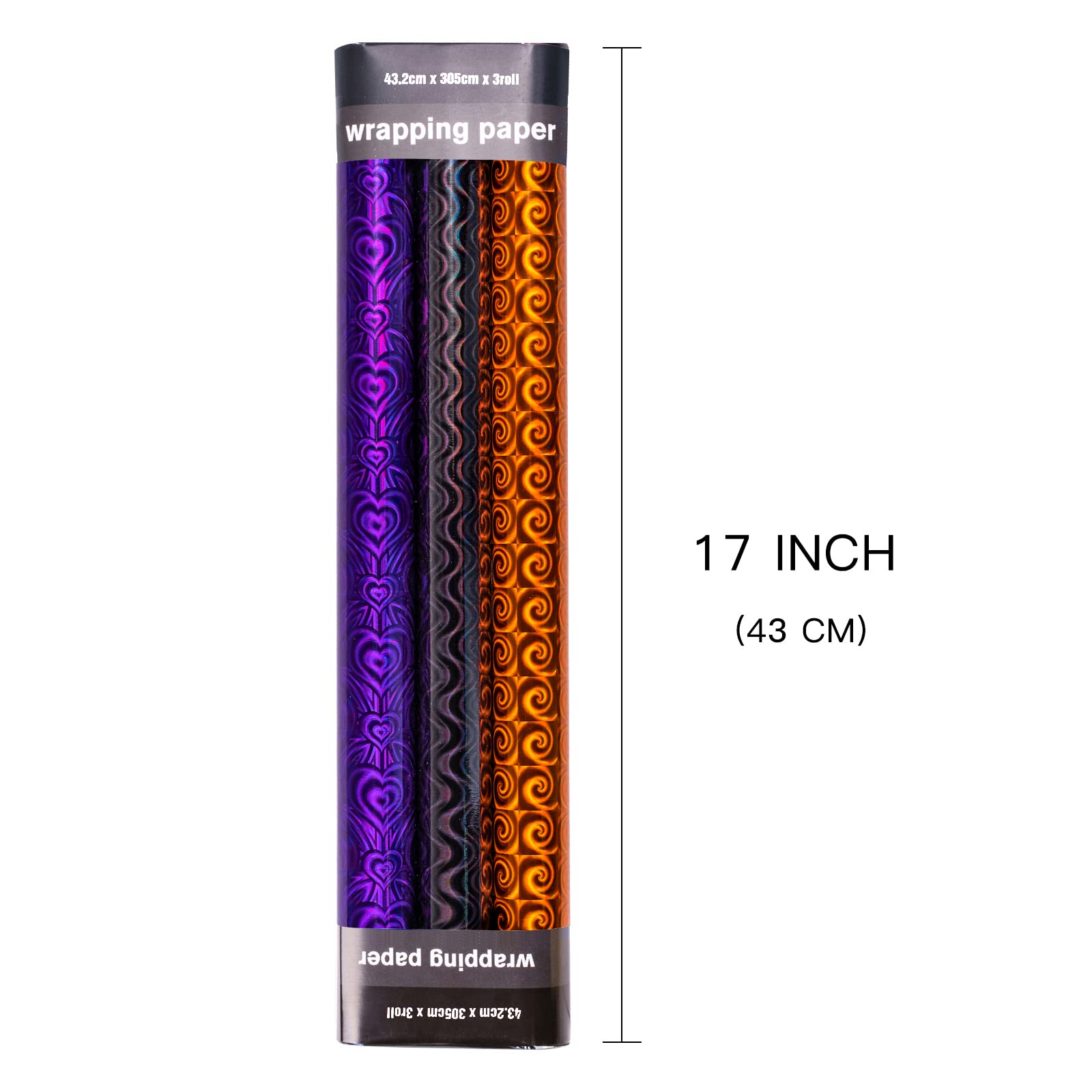 LeZakaa Holographic Wrapping Paper Roll - Mini Roll - Purple Heart/Orange Spiricle/Black Wavy Stripe for Valentine's Day, Birthday, Holiday - 17 x 120 inches - 3 Rolls (42.5 sq.ft.ttl.)