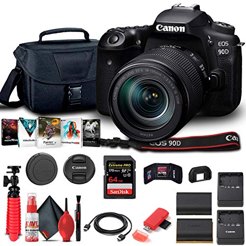 Canon EOS 90D DSLR Camera with 18-135mm Lens (3616C016), 64GB Memory Card, Case, Corel Photo Software, LPE6 Battery, Charger, Card Reader, HDMI Cable, Cleaning Set + More (Renewed)