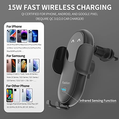 Wireless Car Charger Mount,Infrared Smart Sensor 15W Fast Charging,Kharly Fashion Auto Clamping Phone Holder for Car Vent Phone Mount Wireless Charger for iPhone 14/13/12/11 Pro Max/S22 Ultra(Black)