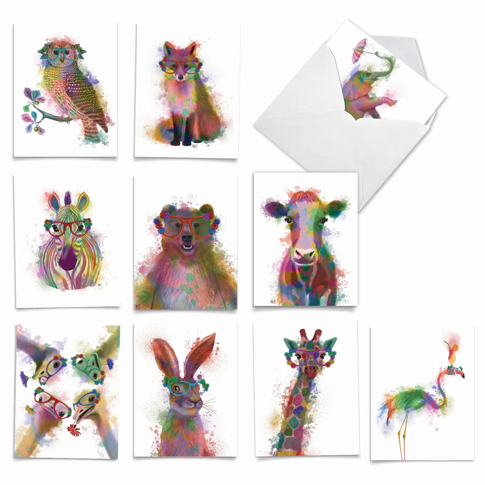 The Best Card Company - 10 Mixed Animals Watercolor Greeting Cards Blank with Envelopes, Thinking of You Thank You Notecards Set 4 x 5.12, Funky Rainbow Wildlife M4948OCB-B1x10