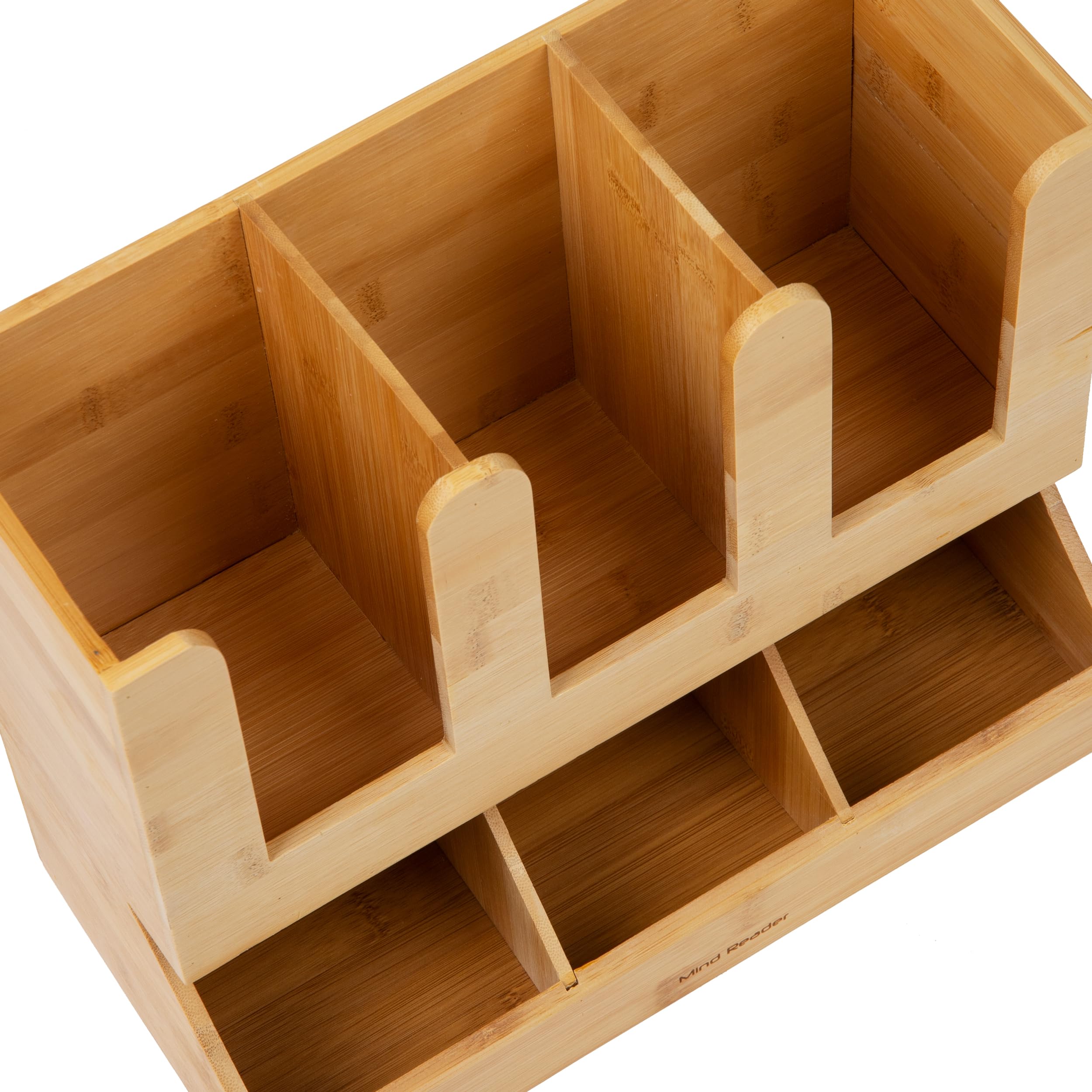 Mind Reader 6 Compartment Bamboo Upright Coffee Breakroom Condiment and Cup Storage Organizer, Brown