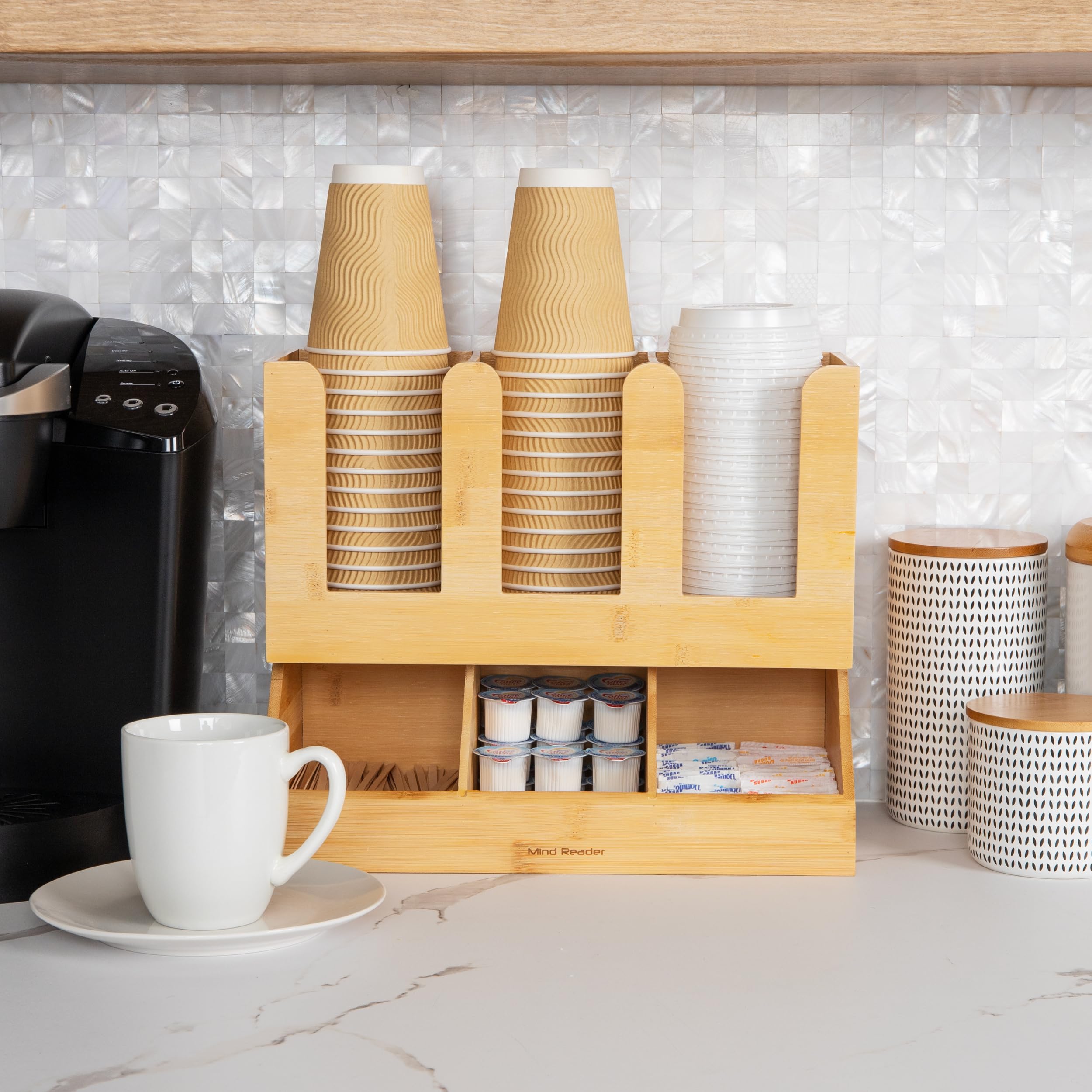 Mind Reader 6 Compartment Bamboo Upright Coffee Breakroom Condiment and Cup Storage Organizer, Brown