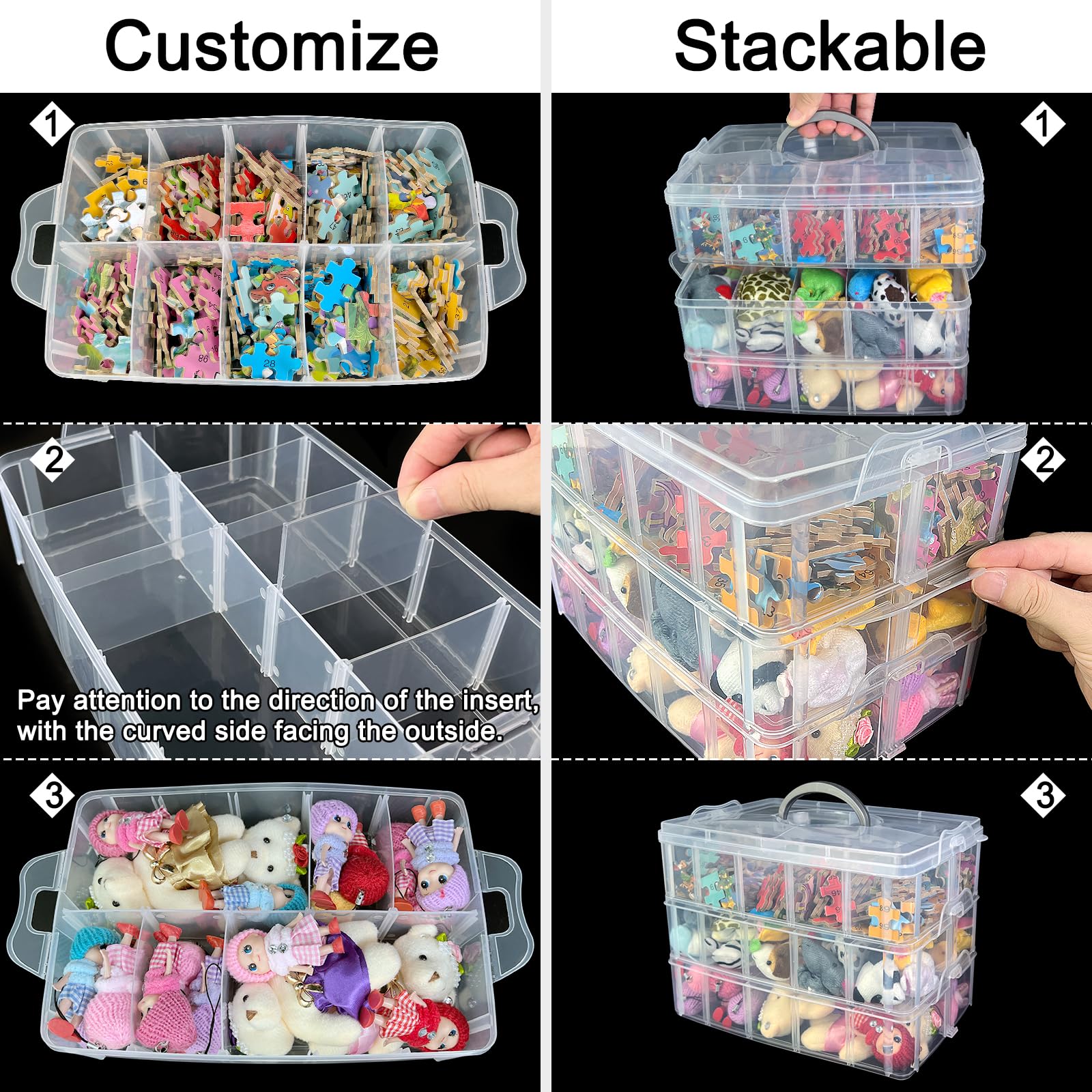3-layer Stackable Craft Storage Containers - Plastic Craft Box Organizer With 30 Adjustable Compartments And Handle - Portable Beads Organizers And Storage For Arts And Crafts, Toy, Washi Tapes, Nail