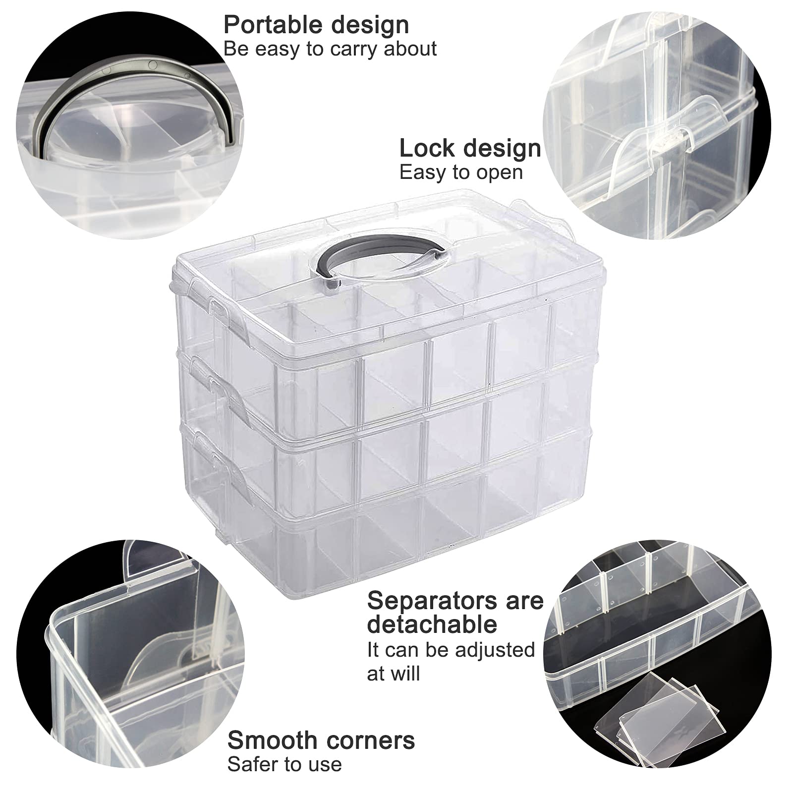 3-layer Stackable Craft Storage Containers - Plastic Craft Box Organizer With 30 Adjustable Compartments And Handle - Portable Beads Organizers And Storage For Arts And Crafts, Toy, Washi Tapes, Nail