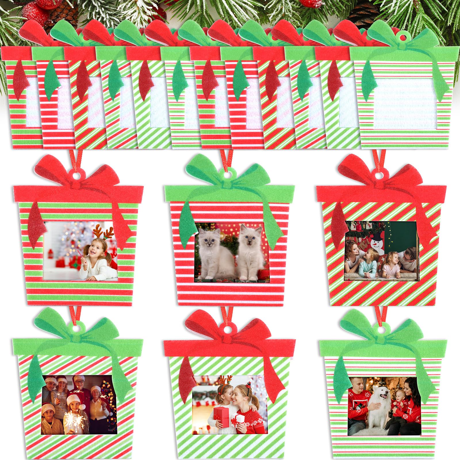 Irenare 24 Pcs Felt Christmas Photo Ornament Photo Frames with Bow Christmas Hanging Picture Frame Tree Decoration for DIY Christmas Tree Stockings Holiday Presents(Classic Style)