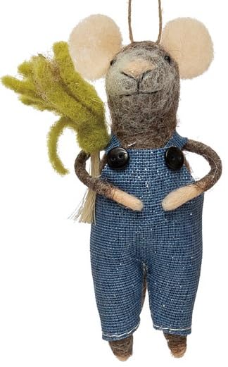 OnHoliday Wool Felt Mouse in Overalls Gardening with Plant Hanging Christmas Tree Ornament