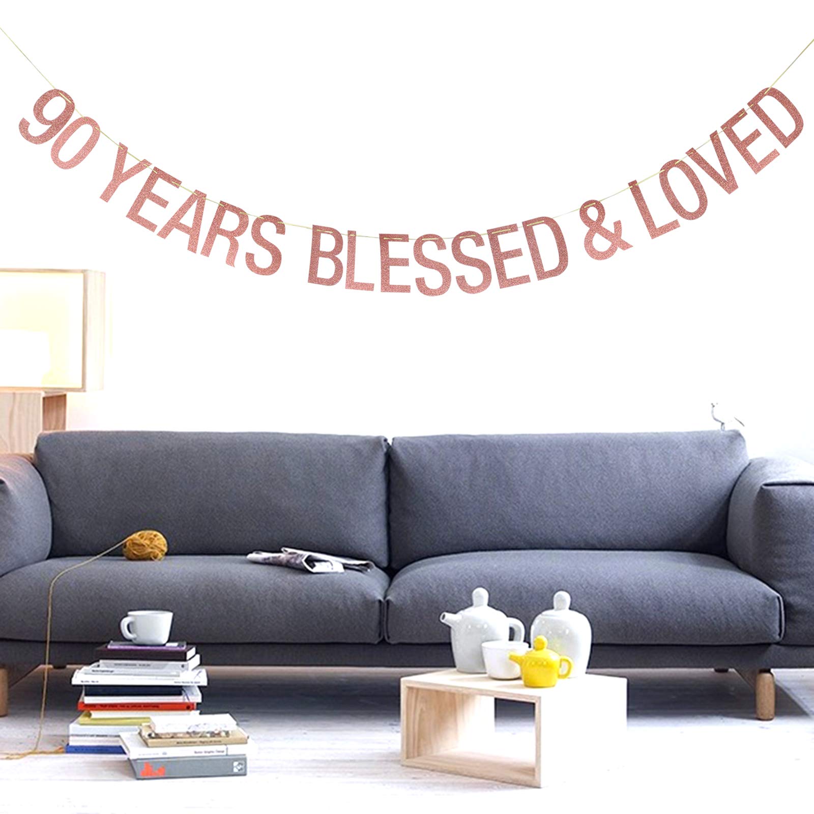 90 Years Blessed & Loved Banner - for 90th Anniversary / 90th Birthday Banner, 90th Anniversary / 90th Birthday Decorations (Rose Gold)