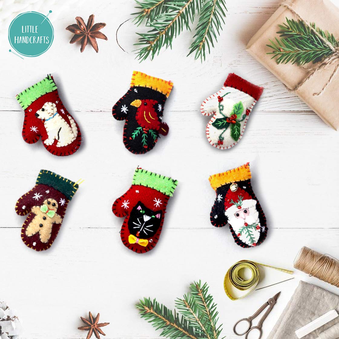 Little Handcrafts Mini Felt Ornaments for Christmas - 6Pcs Handmade Mittens Ornaments in Felt Applique - Kids Toddler Felt Hanging Decoration - Christmas Tree Ornament Kits - Holiday Home Decor