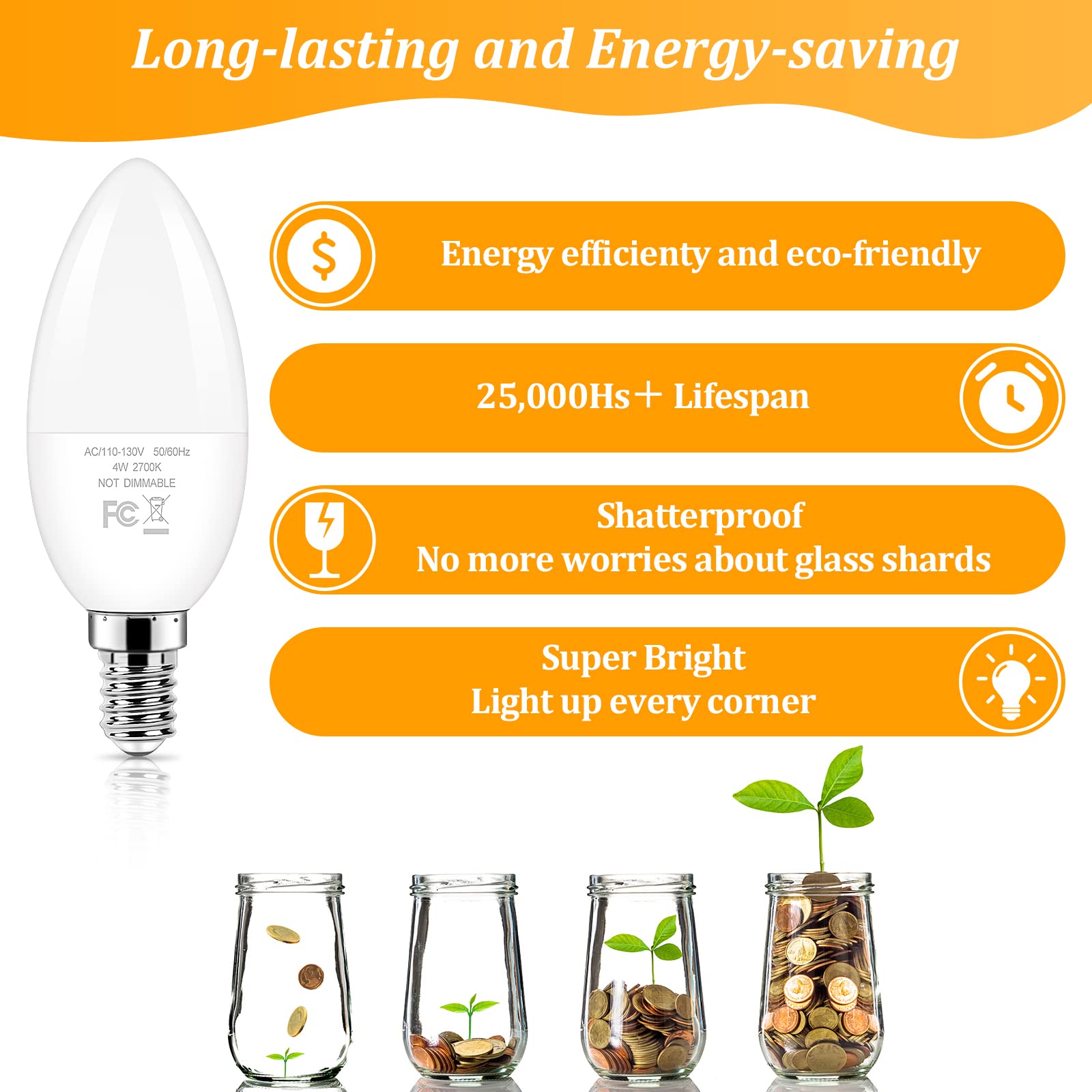 Brightever E12 LED Candelabra 40 Watt Equivalent Light Bulbs, 4W Warm White 2700K Ceiling Fan Bulbs, Chandelier Candle Lights for Wall Lanterns, Pendant Lights, Non-Dimmable, 6-Pack