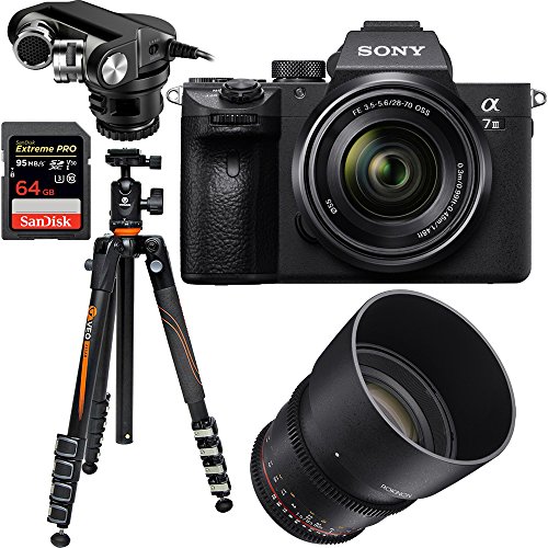 Sony ILCE-7M3K/B a7III Full Frame Mirrorless Interchangeable Lens Camera with 28-70mm Bundle with DS 85mm T1.5 Cine Lens, 64GB Memory Card, X-Y Plug-in Microphone and Aluminum Travel Tripod