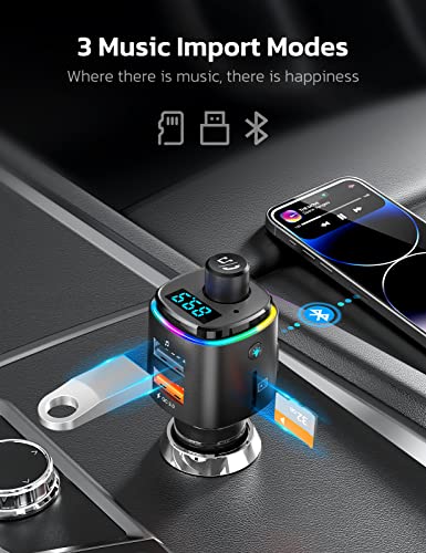 Nulaxy Bluetooth FM Transmitter for Car, 7 Color LED Backlit Bluetooth Car Adapter with QC3.0 Charging, USB Flash Drive, microSD Card, Handsfree Car Kit (B- Black)