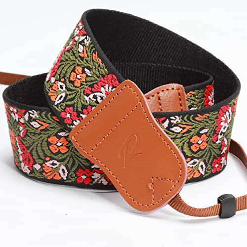 Camera Strap for All DSLR / SLR Cameras,Double Layer Cowhide Ends,2"Wide Pure Cotton Embroidered Woven Camera Strap,Adjustable Universal Neck & Shoulder Strap,Gift for Photographers(Green Flower)