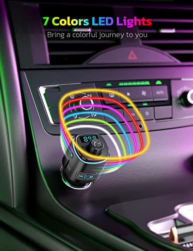 Nulaxy Bluetooth FM Transmitter for Car, 7 Color LED Backlit Bluetooth Car Adapter with QC3.0 Charging, USB Flash Drive, microSD Card, Handsfree Car Kit (B- Black)