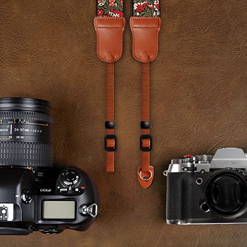 Camera Strap for All DSLR / SLR Cameras,Double Layer Cowhide Ends,2"Wide Pure Cotton Embroidered Woven Camera Strap,Adjustable Universal Neck & Shoulder Strap,Gift for Photographers(Green Flower)