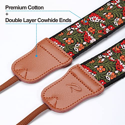 Camera Strap for All DSLR / SLR Cameras,Double Layer Cowhide Ends,2"Wide Pure Cotton Embroidered Woven Camera Strap,Adjustable Universal Neck & Shoulder Strap,Gift for Photographers(Green Flower)