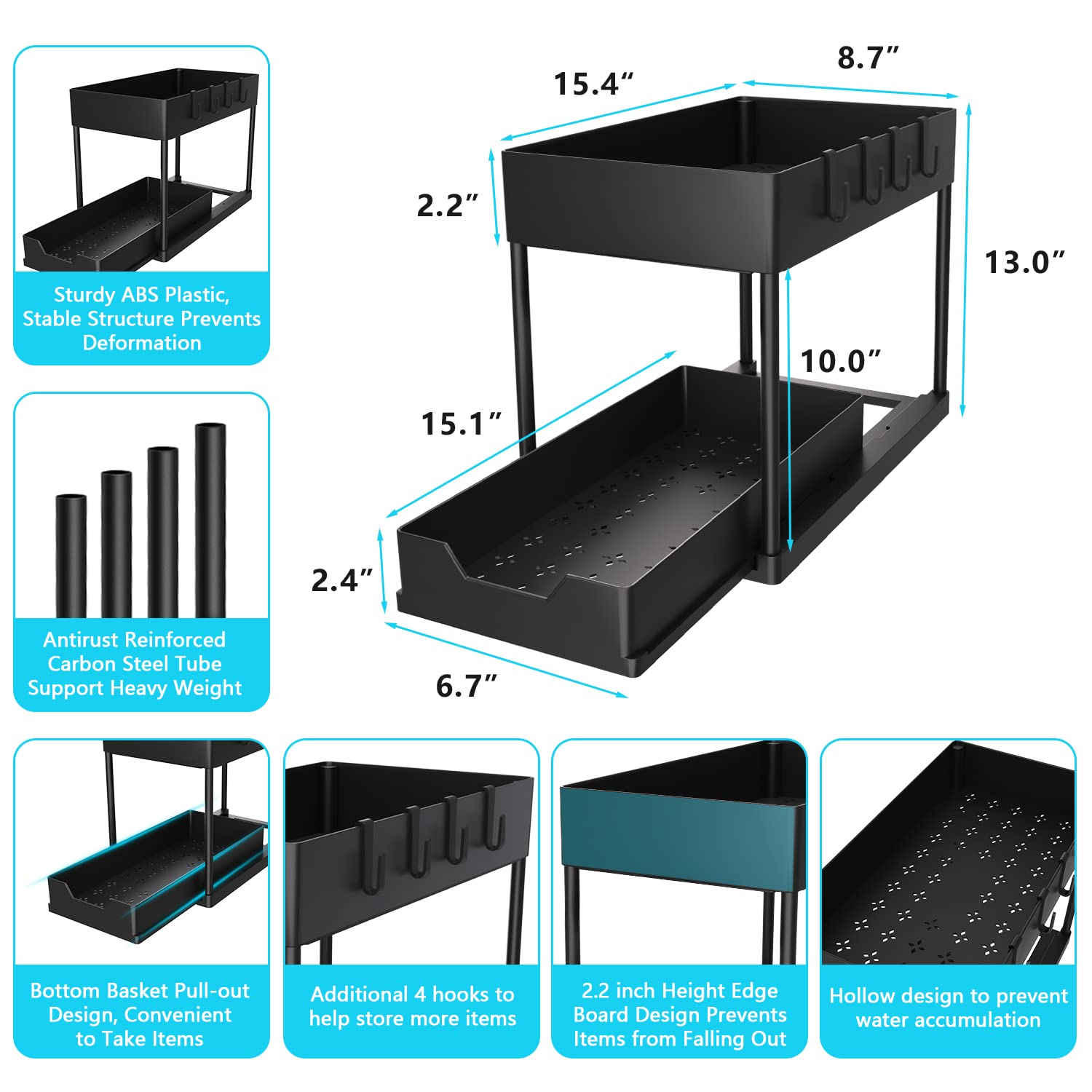 Petisal Under Sink Organizer, Under Bathroom Cabinet Storage 2 Tier Under Sink Storage Rack, Multi-purpose Under Sink Shelf Organizer for Bathroom Kitchen (Black)