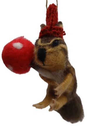 OnHoliday Wool Felt Squirrel in Knitted Hat with Toadstool Hanging Christmas Tree Ornament