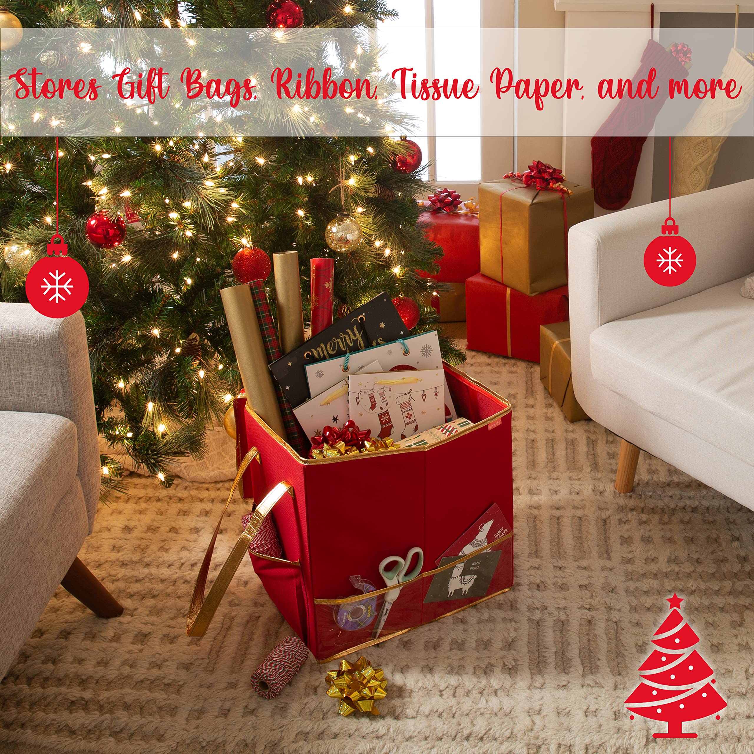 Simplify Gift Bag Organizer | Dimensions: 10.5"x 16"x 16" | Stores Gift Bags | Ribbon | Tissue Paper | Gift Cards | Large Reinforced Handles | Red | Holiday Storage | Collapsible