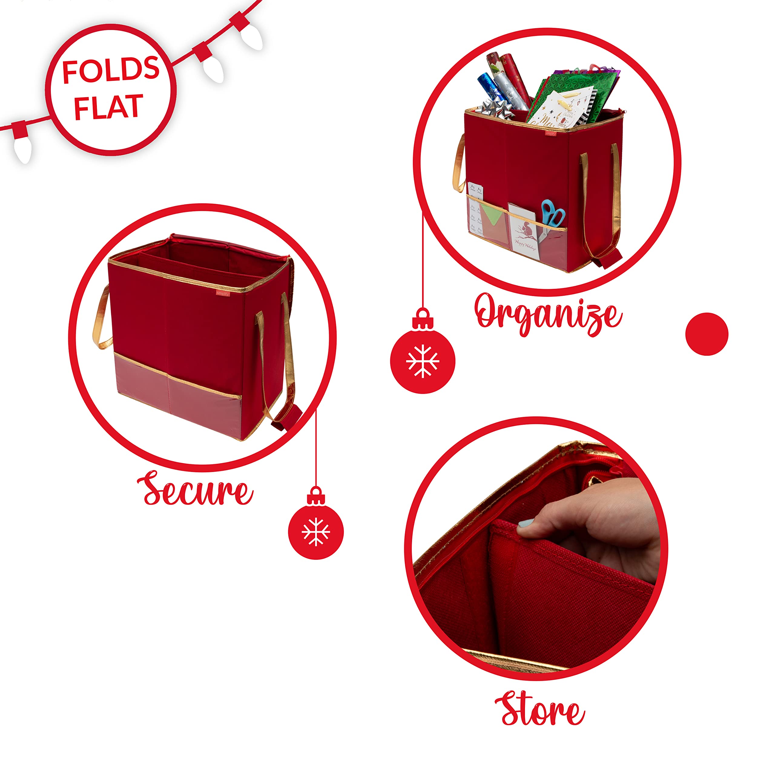 Simplify Gift Bag Organizer | Dimensions: 10.5"x 16"x 16" | Stores Gift Bags | Ribbon | Tissue Paper | Gift Cards | Large Reinforced Handles | Red | Holiday Storage | Collapsible